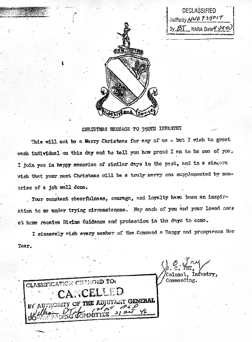 350th Infantry Regiment-Col.Fry Christmas Message December 1944 ...